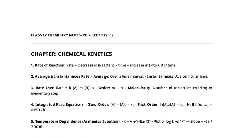 CLASS 12 CHEMISTRY NOTES (PU KCET) CHAPTER: CHEMICAL KINETICS - Studocu