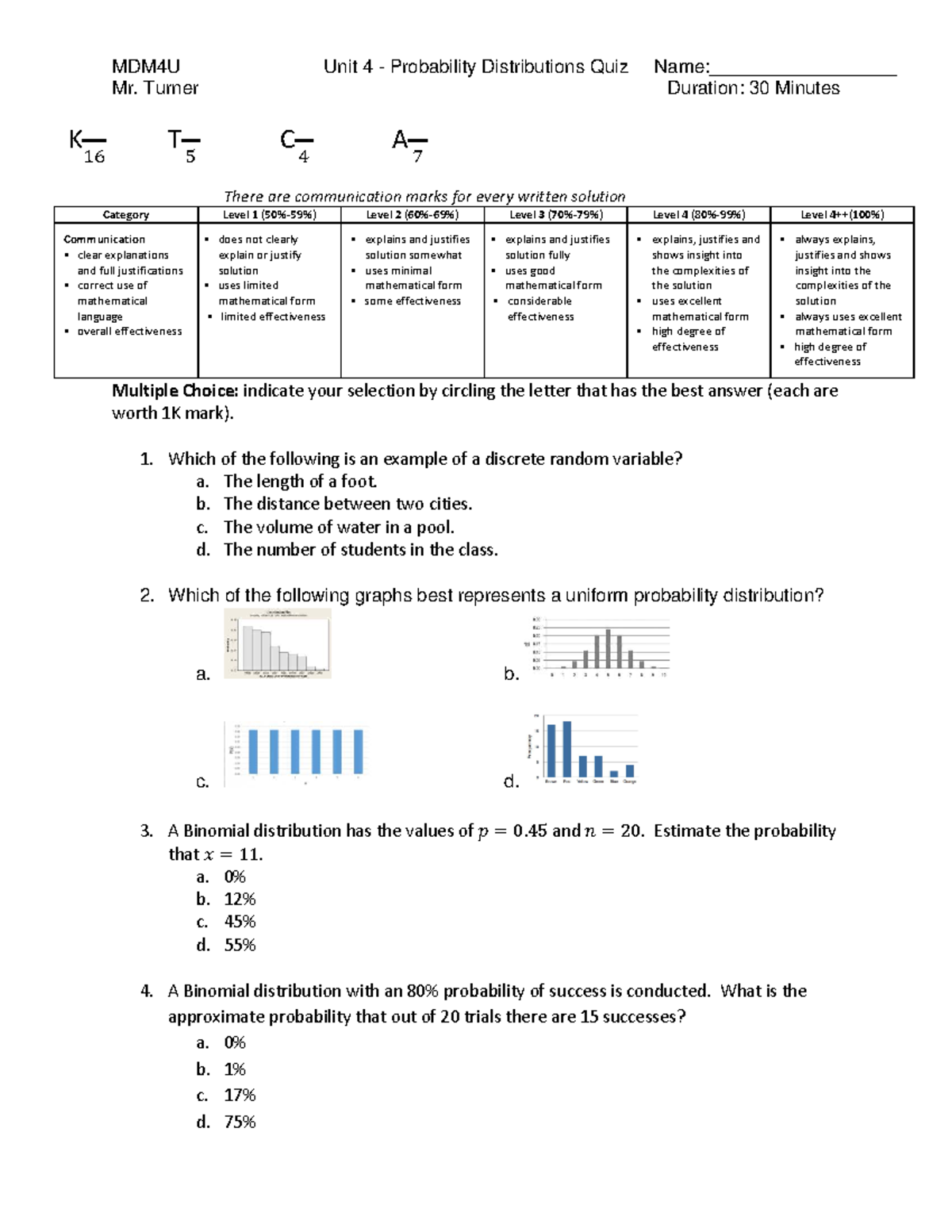 MDM4U Mr. Turner K16 Unit 4 Probability Distributions Quiz T5 - Studocu