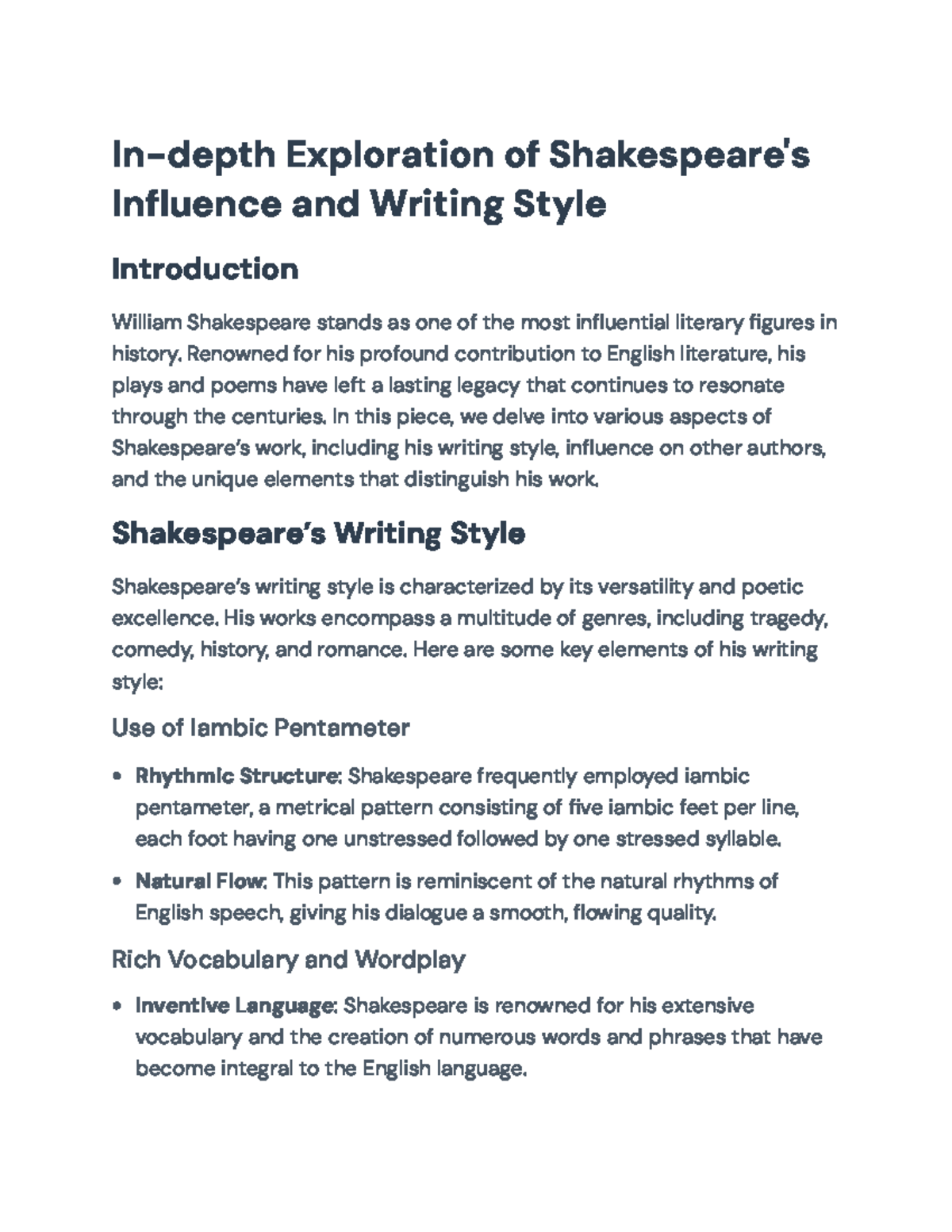 Shakespeare's Influence and Writing Style Analysis (Course Code: ENG101 ...