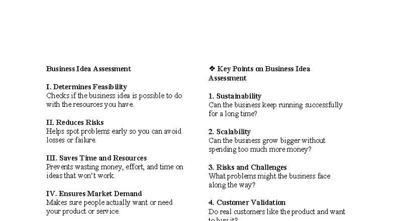 Entrep - Business Idea Assessment Notes: Feasibility & Strategy - Studocu
