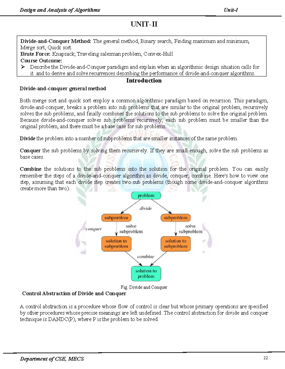 Design and Analysis of Algorithms (CSE MECS 22) - Unit II Overview ...