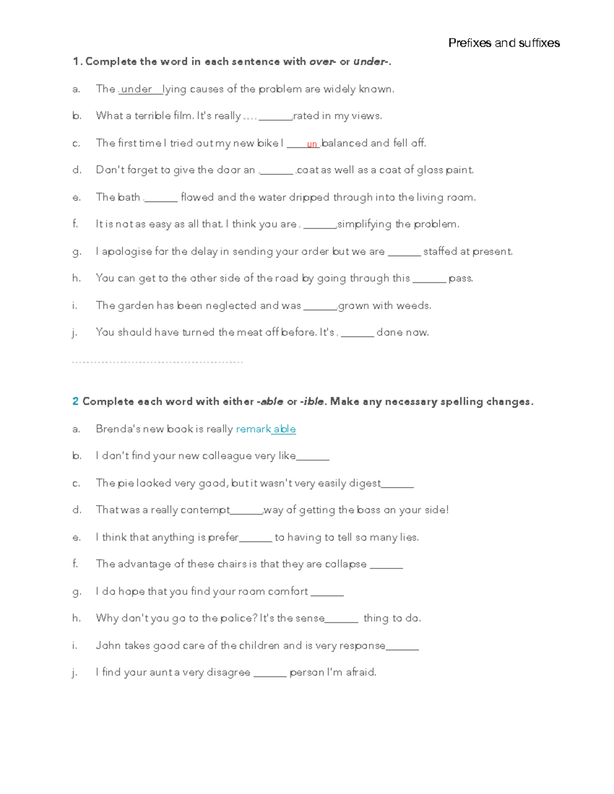 Prefixes and Suffixes Homework: Understanding Over- and Under- - Studocu