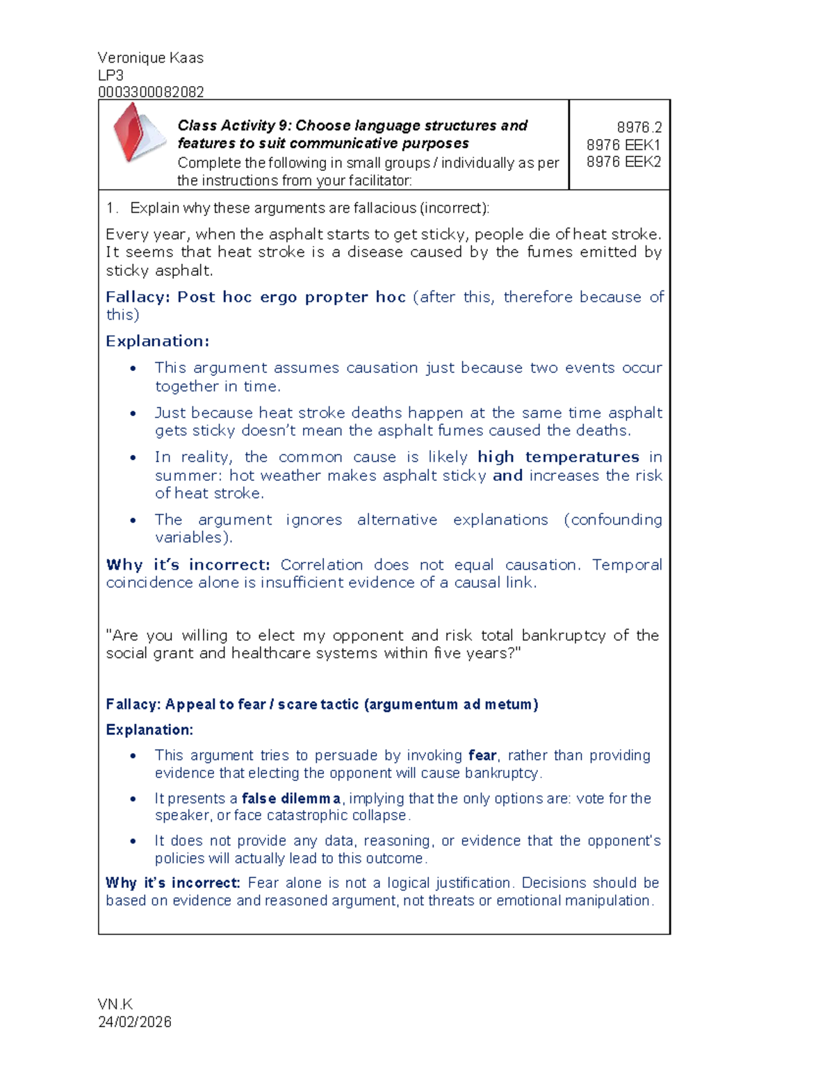 Class Activity 9 LP3: Analyzing Fallacies & Rhetorical Devices - Studocu