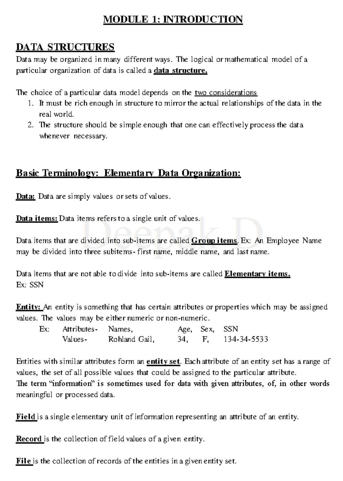 DATA STRUCTURE UNIT 1: INTRODUCTION TO DATA STRUCTURES - Studocu