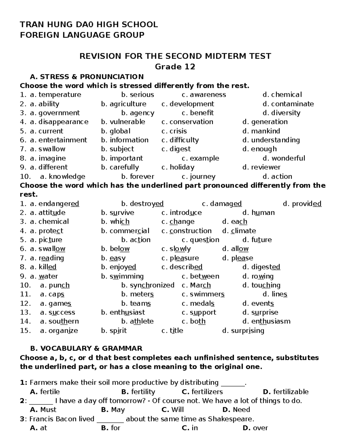Revision for Grade 12 English Midterm Exam (Học kỳ 2) - Studocu