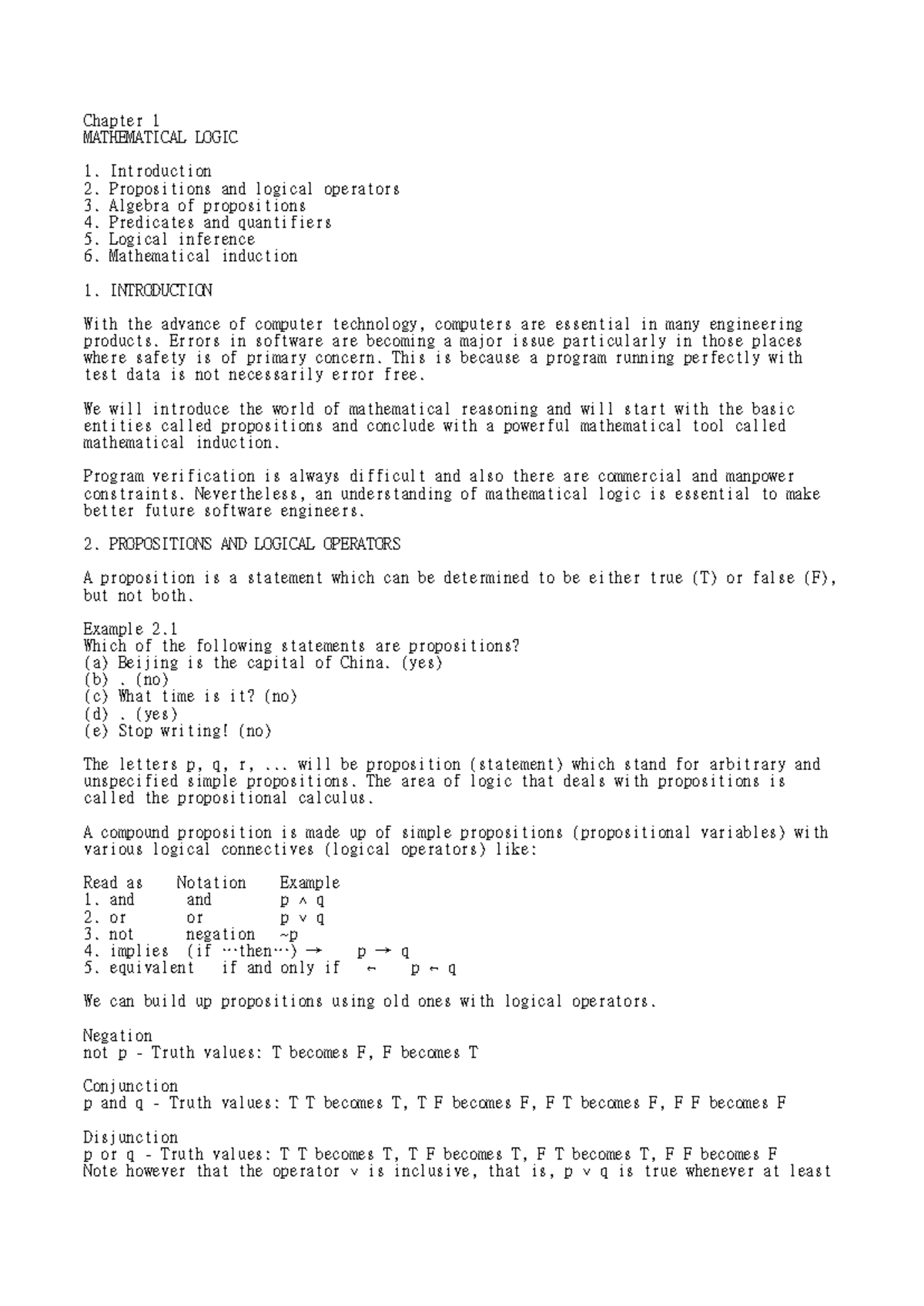 MA2185 Chapter 1: Introduction to Mathematical Logic - Studocu