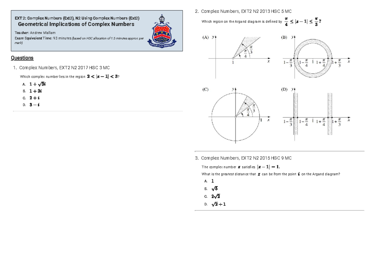 Geometry of Complex Numbers Revision, EXT2 N2 2013 HSC - Studocu