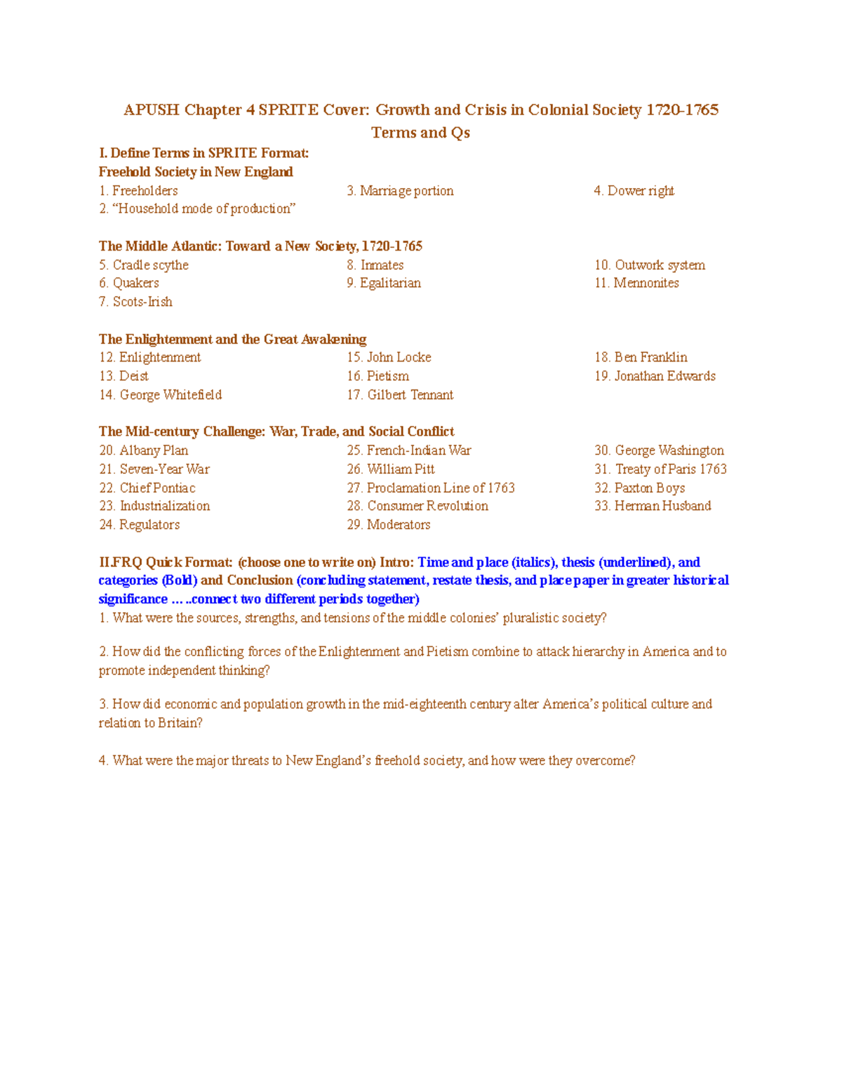 APUSH Ch 4 SPRITE Notes: Growth and Crisis in Colonial Society 1720 ...