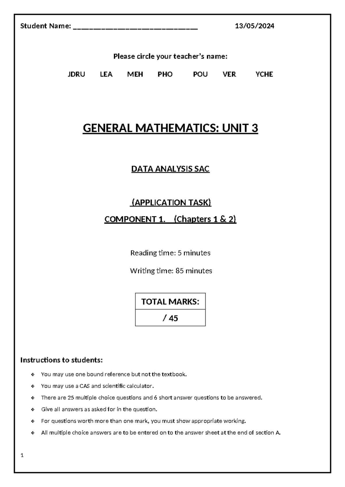 2024 GENERAL MATHEMATICS: UNIT 3 DATA ANALYSIS SAC (Chapters 1 & 2 ...