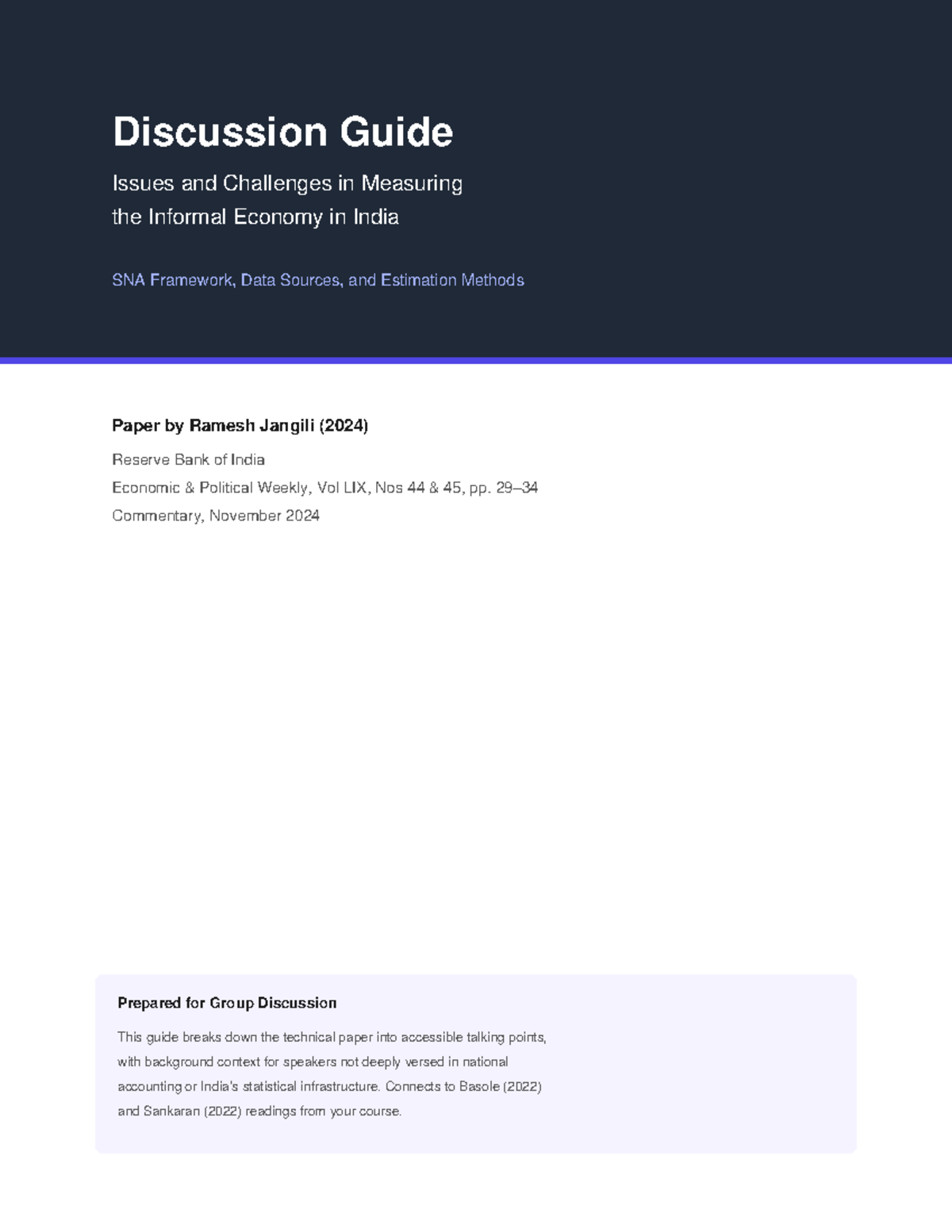Discussion Guide: Measuring the Informal Economy in India (SNA ...