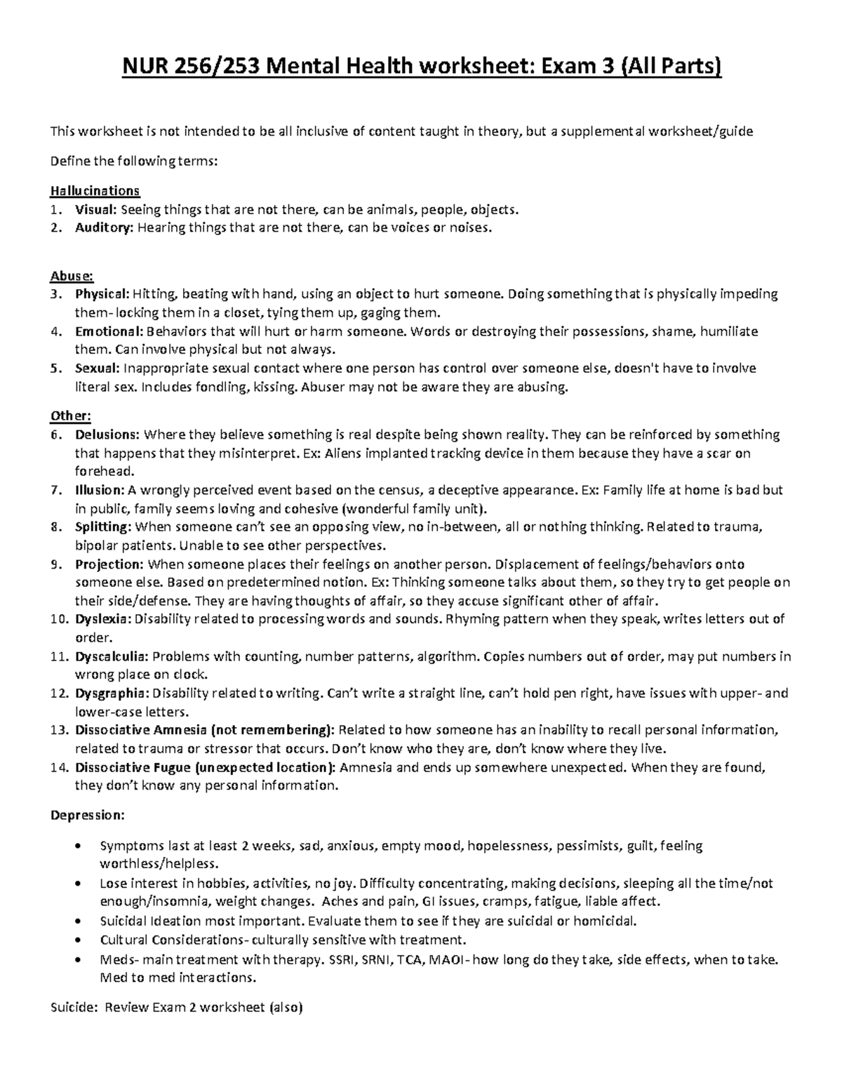 NUR 256/253 Mental Health Exam 3 Worksheet: Comprehensive Guide - Studocu