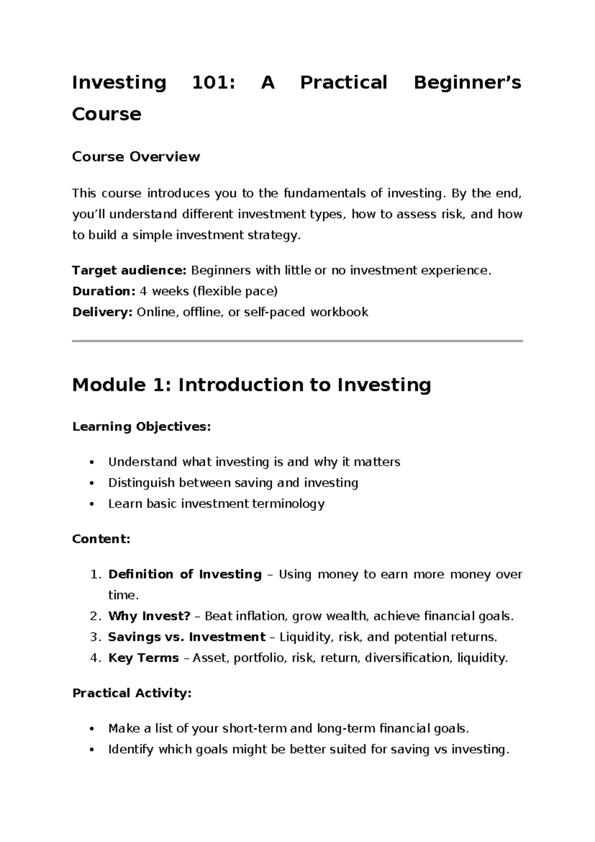 Investing 101: A Practical Beginner's Course Overview - Studocu