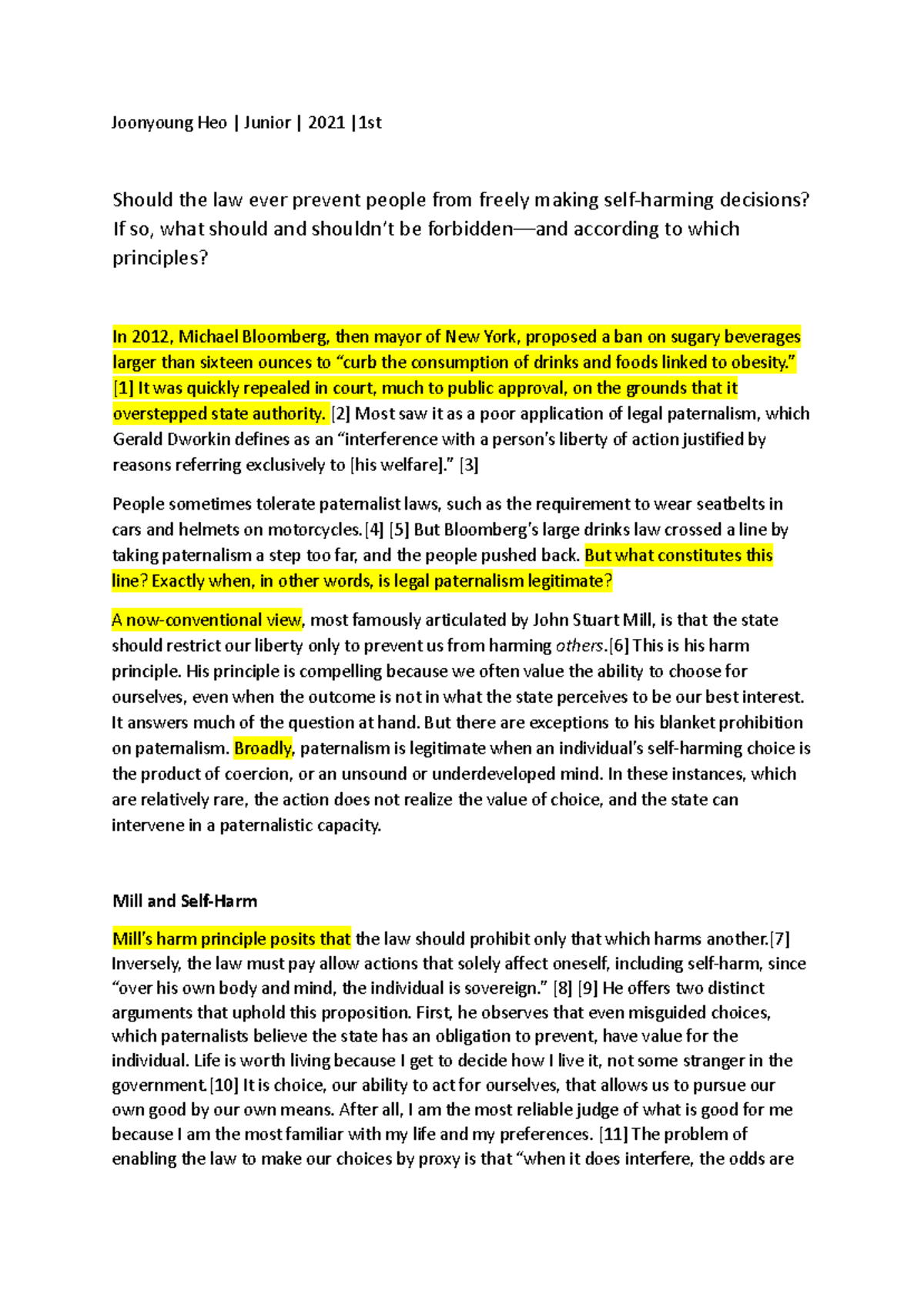 PHIL 2021 Essay: Legal Paternalism and the Harm Principle - Studocu