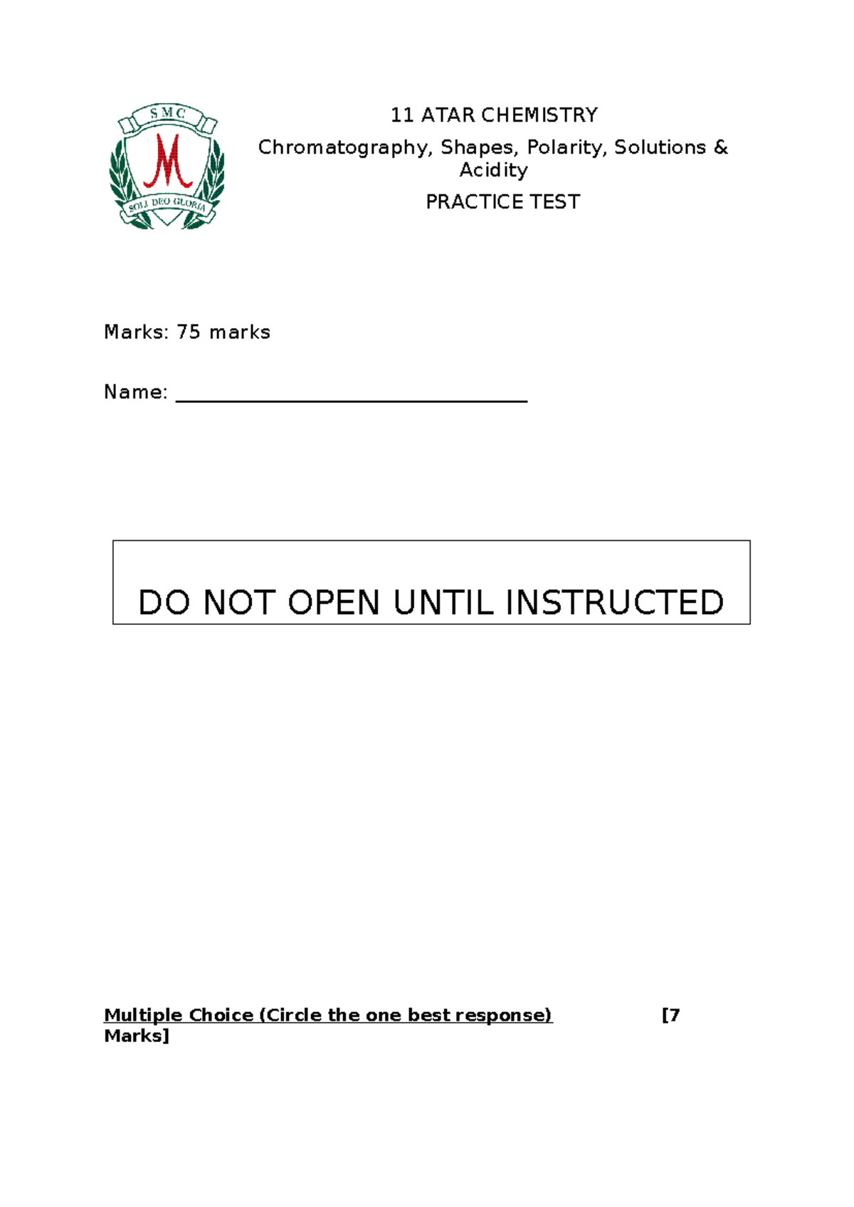 ATAR Chemistry Practice Test: Chromatography, Solutions & Acidity - Studocu