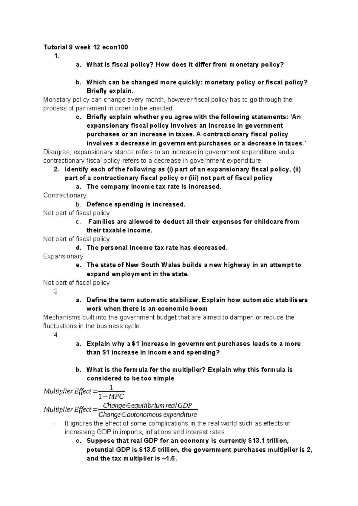 Tutorial 9: Fiscal vs. Monetary Policy in ECON100 - Studocu