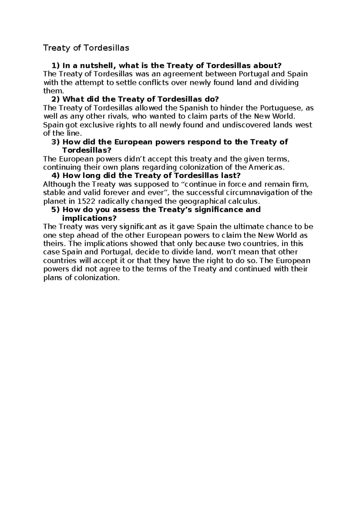 History 101: Treaty of Tordesillas - Overview and Implications - Studocu