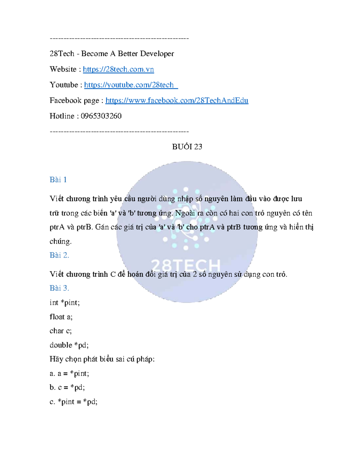 [28Tech] BUOI 23 - Bài Tập Luyện Tập Về Con Trỏ Trong C - Studocu