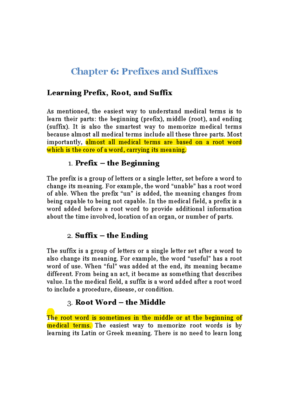 Lesson 2: Understanding Medical Prefixes, Roots, and Suffixes - Studocu