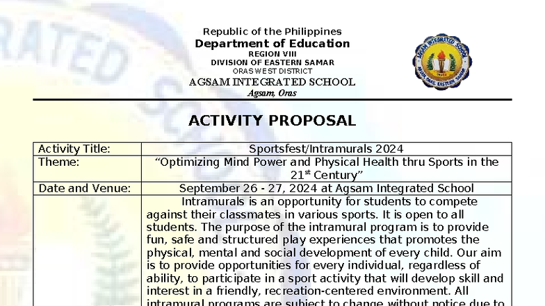 Activity Proposal: Intramurals 2024-2025 at Agsam Integrated School ...