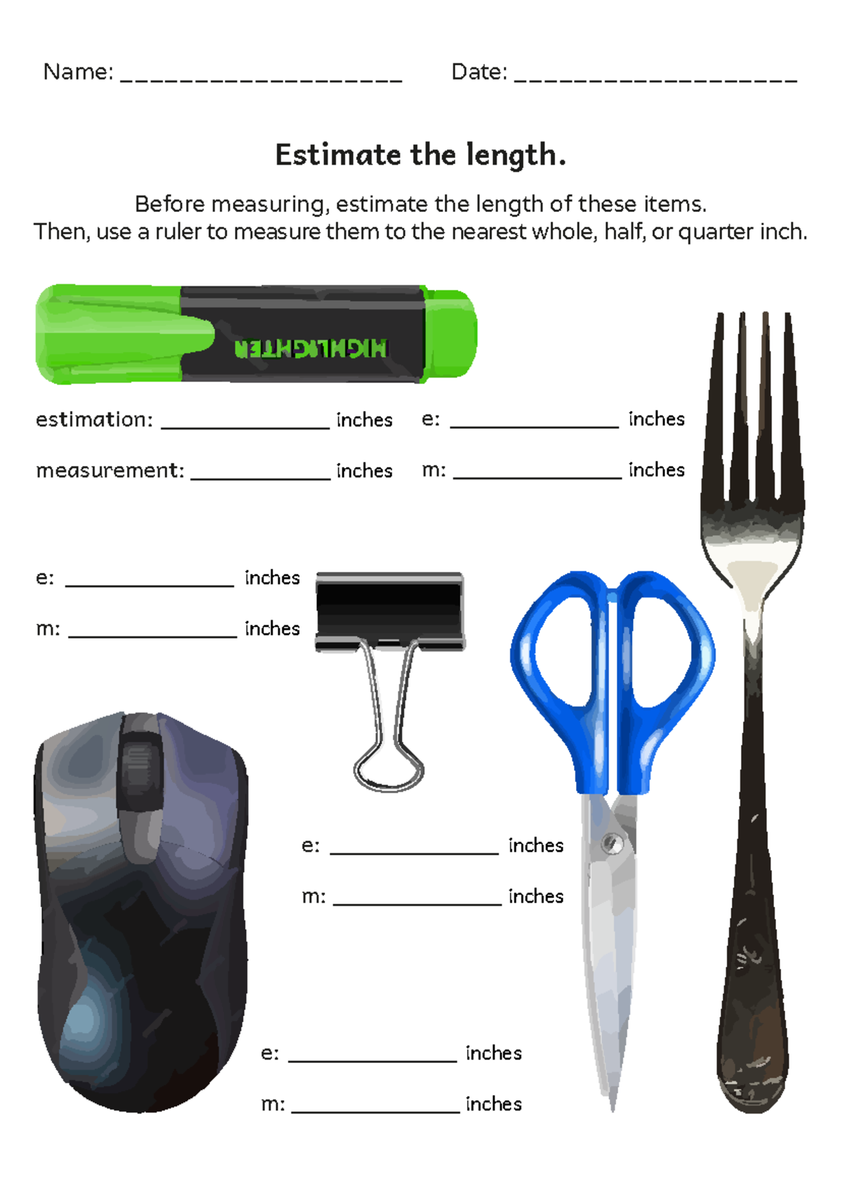 Estimate and Measure Length - 3rd Grade Worksheet - Name ...