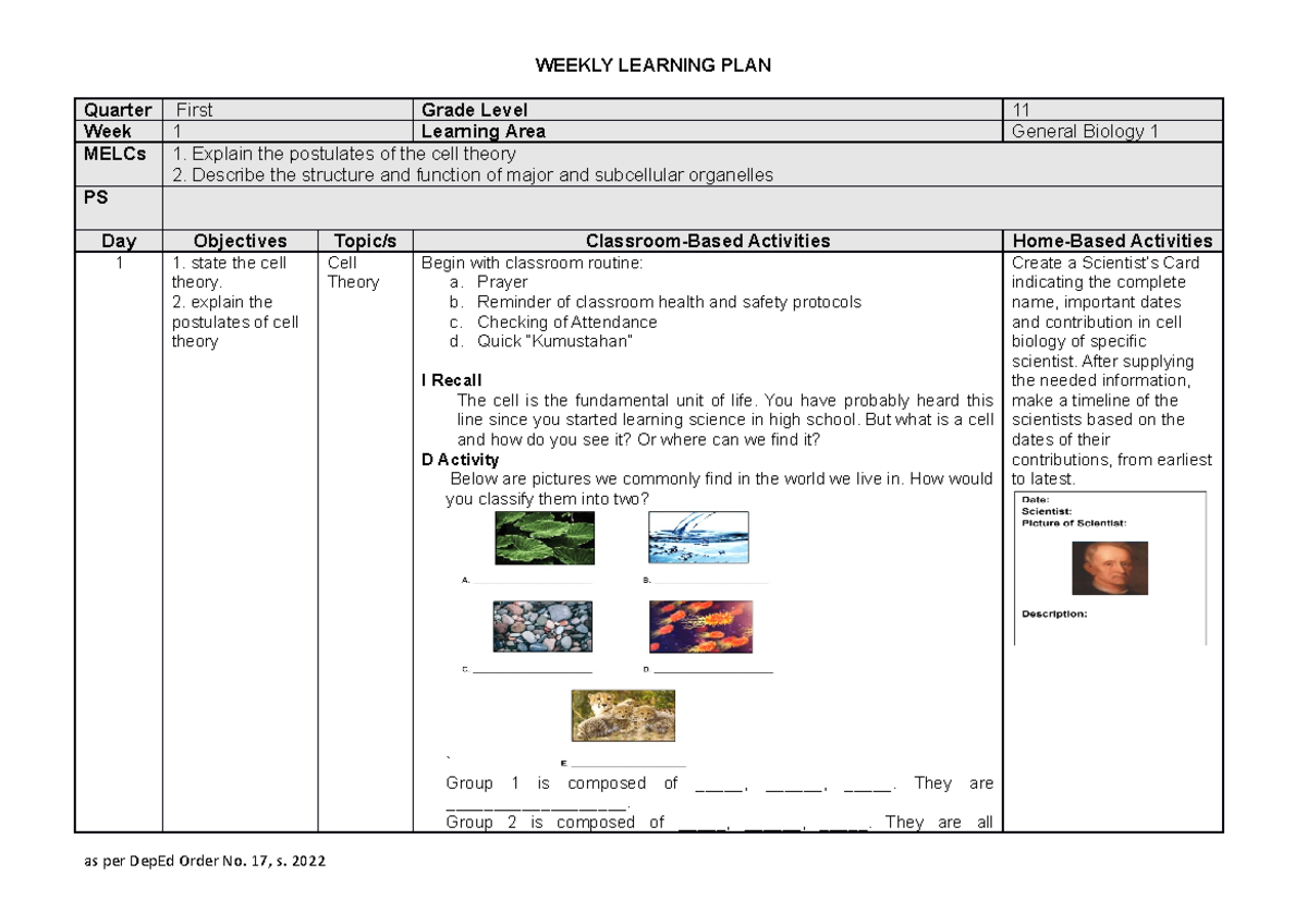 WLP Q1 W1 Gen Biology 1 - .... - WEEKLY LEARNING PLAN Quarter First ...