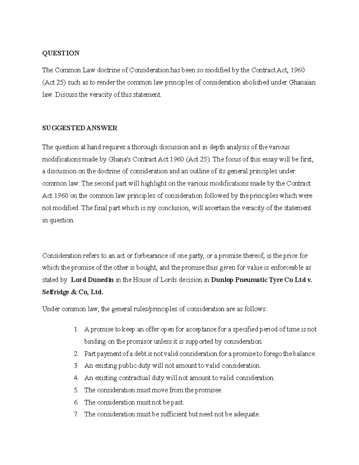 Modification of Consideration Principles by Act 25: Sample Answer ...