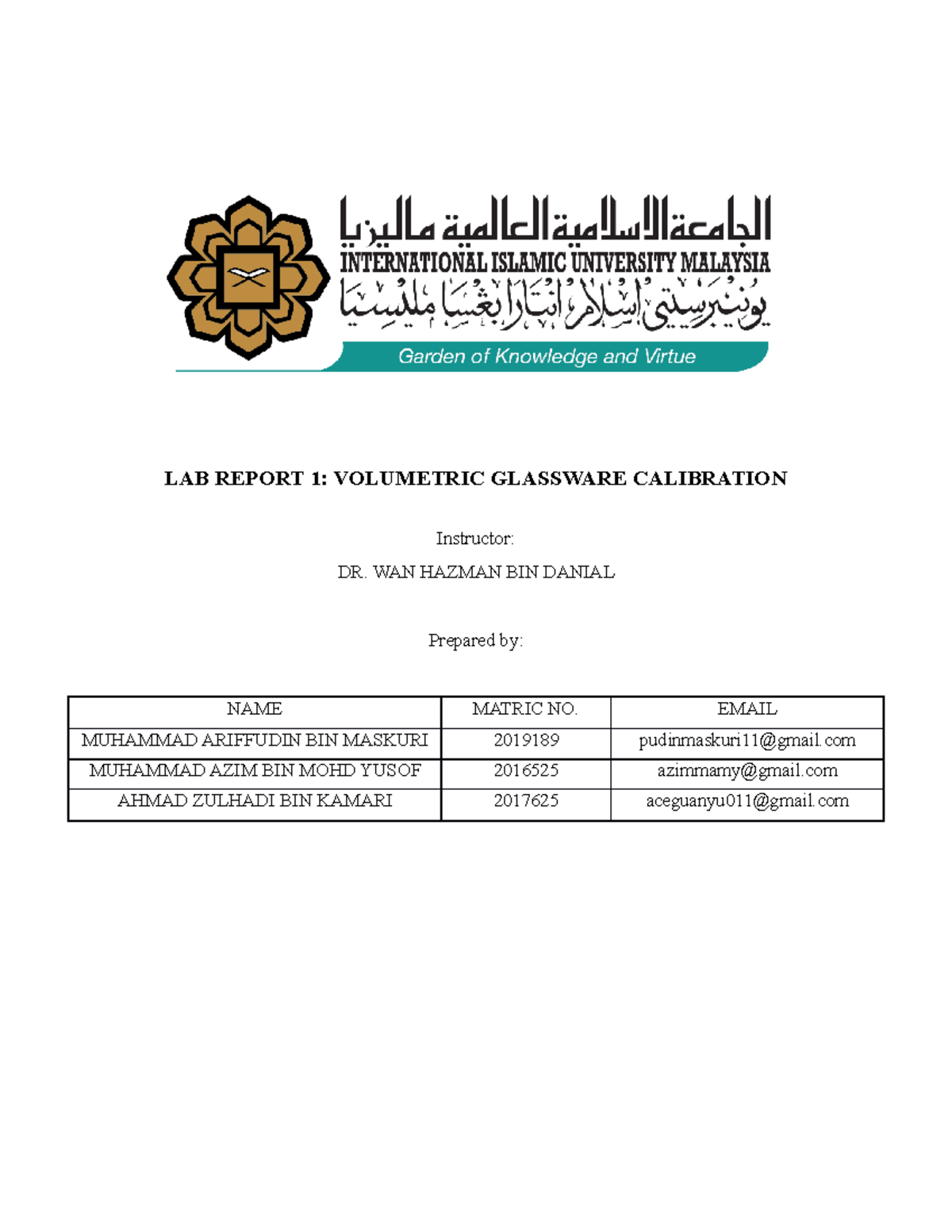 Lab Report 1 Phy Chem - LAB REPORT 1: VOLUMETRIC GLASSWARE CALIBRATION ...