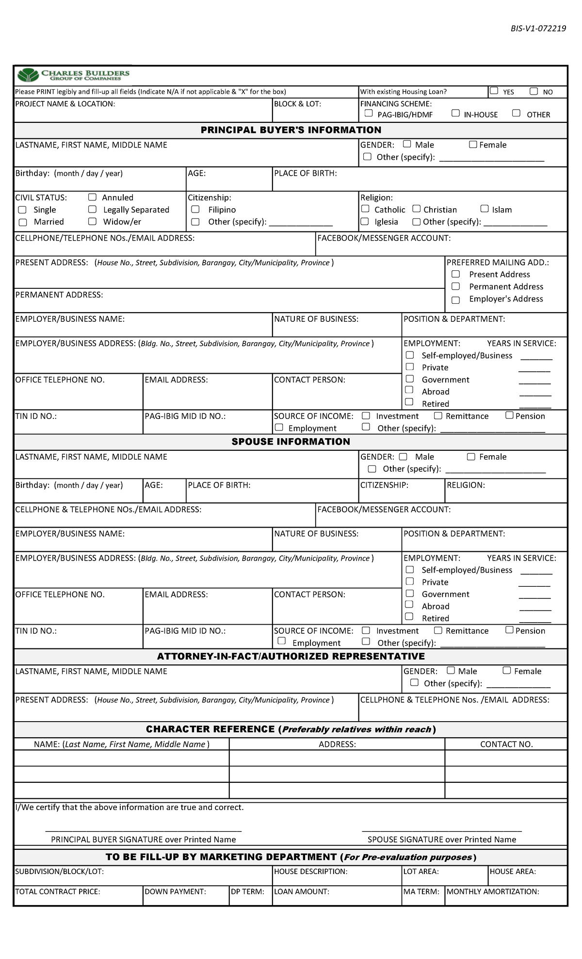 2 Buyers IN Formation Sheet BIS 1 - BIS-V1- YES NO AGE: HOUSE AREA ...