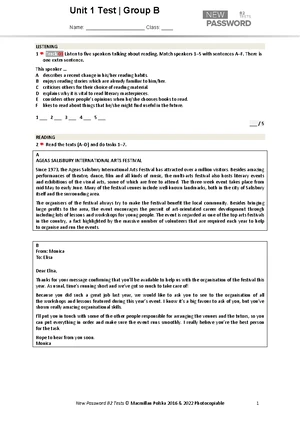 Unit 2 Test B1+ Group A - Listening, Reading, Language Functions ...