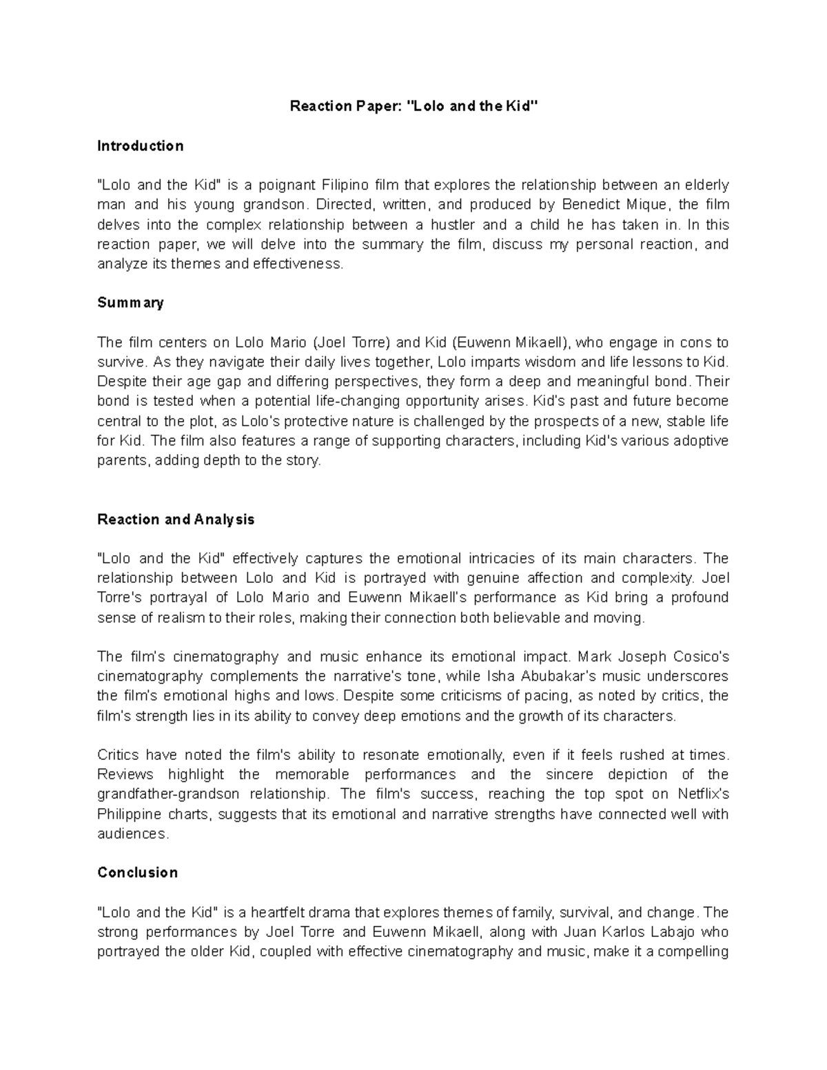 Reaction Paper: Analysis of "Lolo and the Kid" - Themes & Connections ...