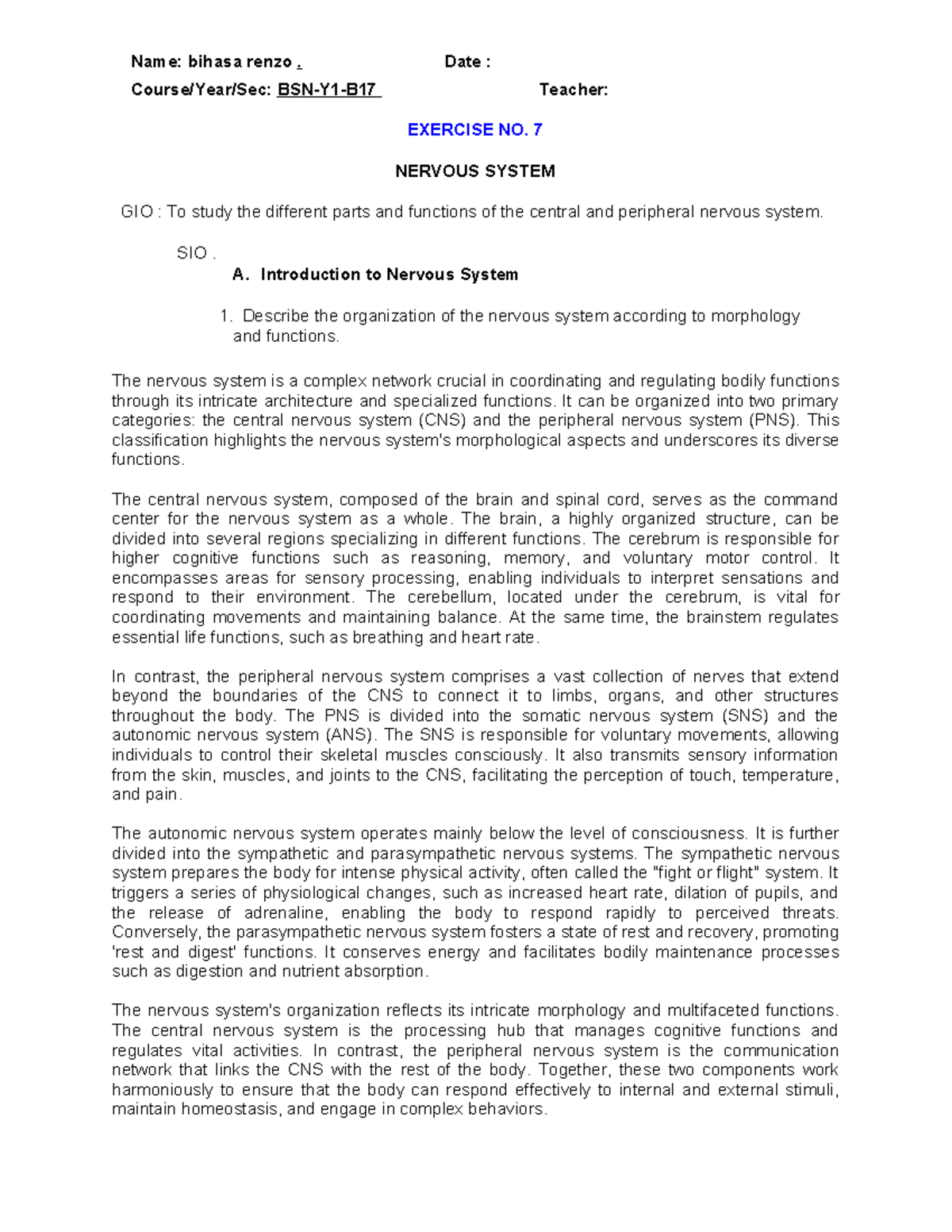 LAB Exercise Nervous System (1).docx final - Name: bihasa renzo. Date ...