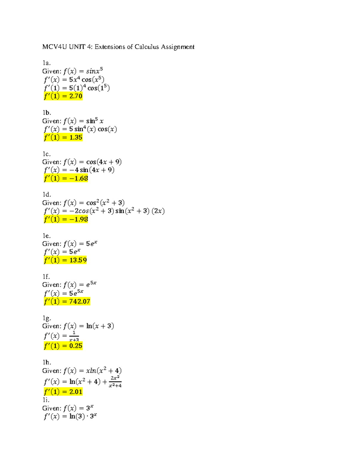 MCV4U UNIT 4 - Calculus Assignment for Unit 4 - MCV4U UNIT 4 ... MCV4U UNIT 4 - Calculus Assignment for Unit 4 - MCV4U UNIT 4 ...