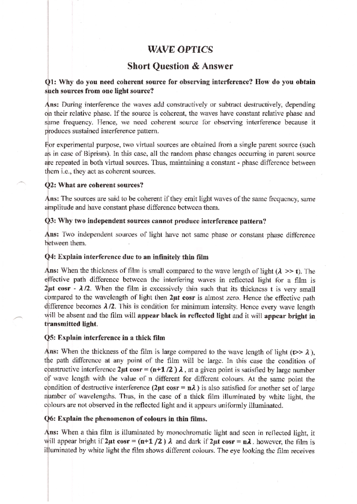 WAVE OPTICS UNIT 3 Q&A Notes for Exam Preparation - Studocu