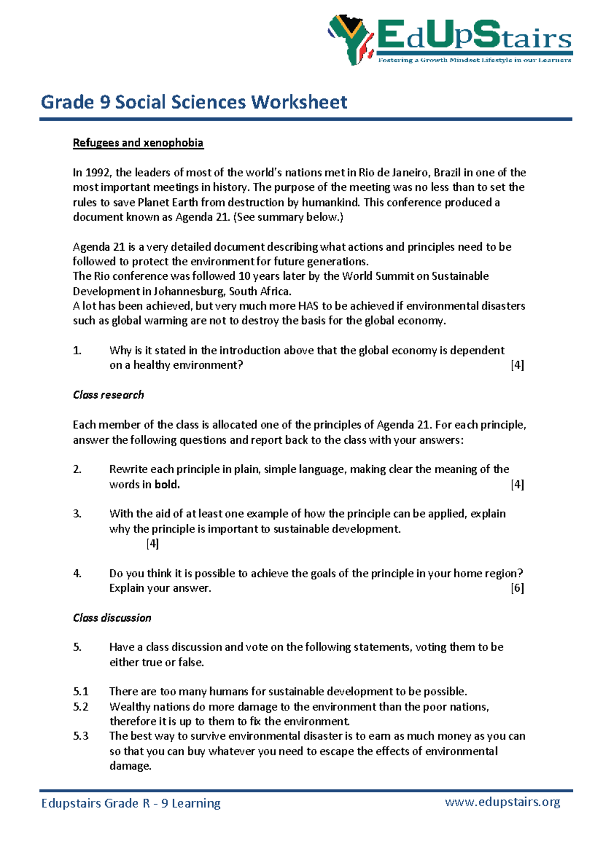 Grade 9 Social Sciences Worksheet: Refugees & Xenophobia Insights - Studocu