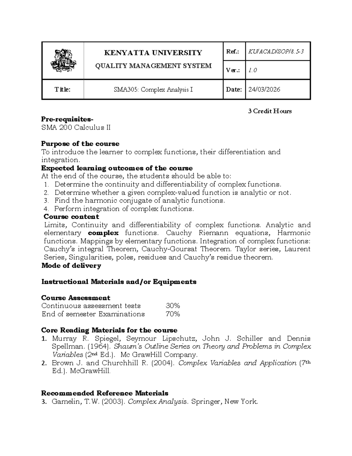 SMA305: Complex Analysis I Course Outline and Learning Outcomes - Studocu