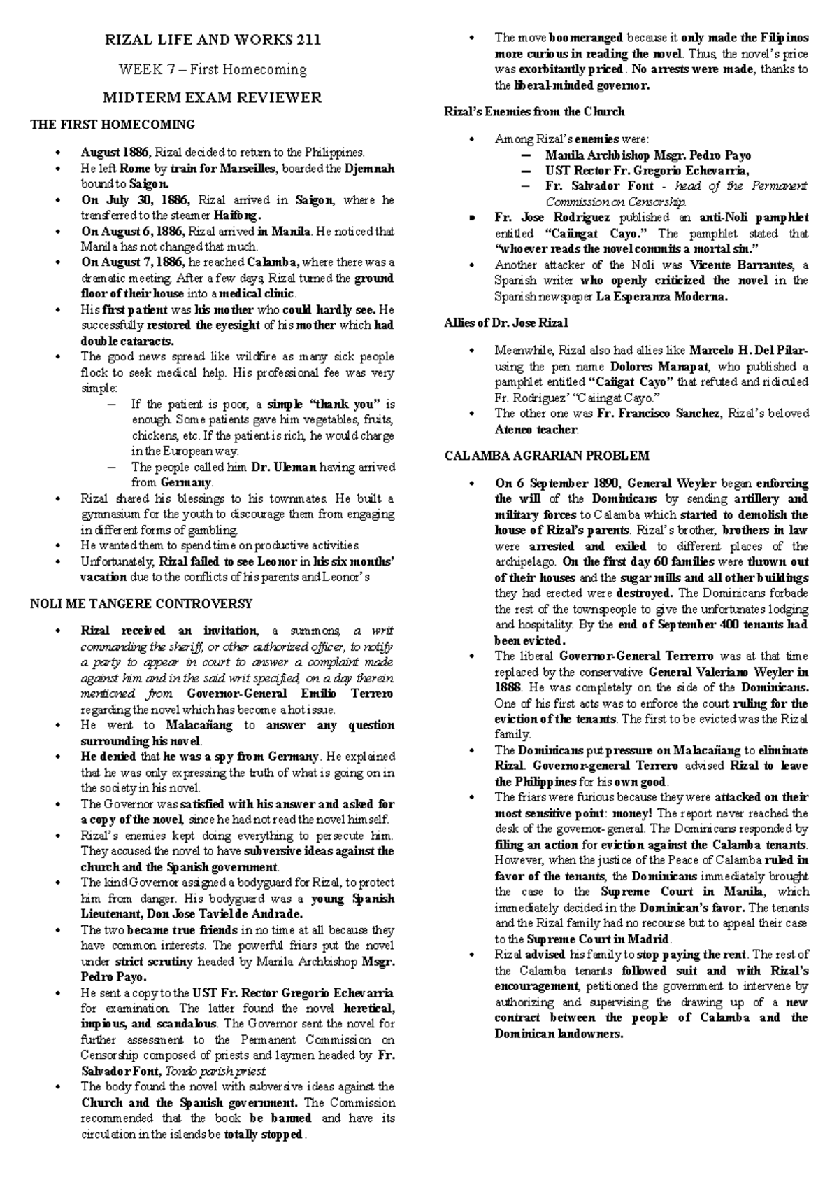 Rizal's Life and Works 211: Midterm Exam Review - Week 7 Insights - Studocu