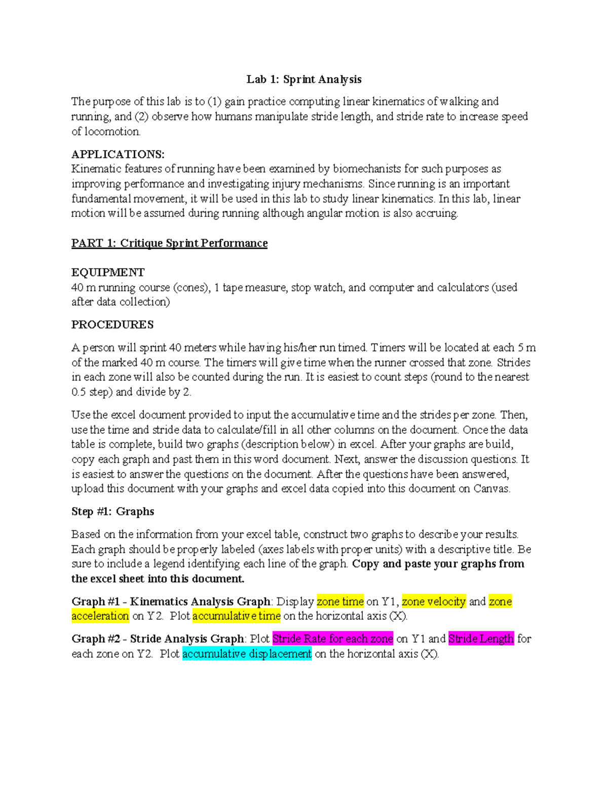 Lab 1: Linear Kinematics of Sprint Performance Analysis - Studocu