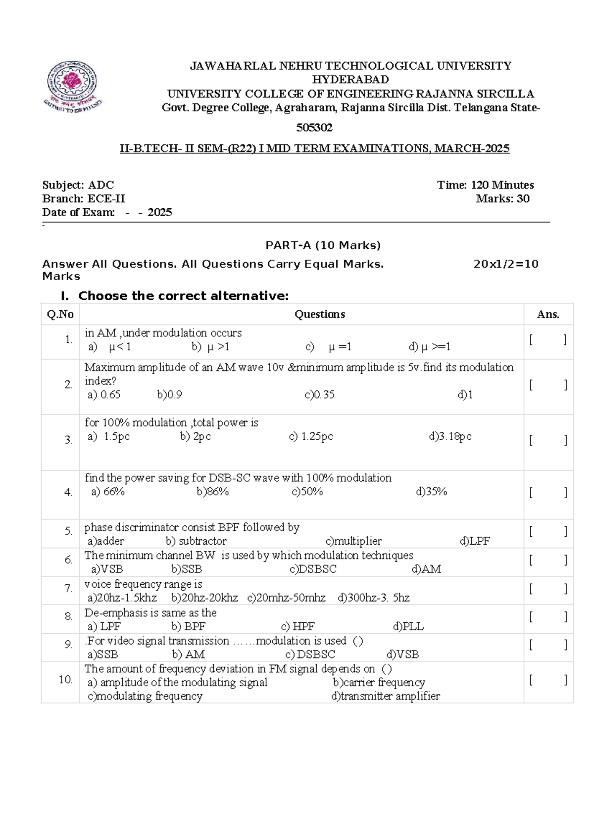 ADC II-I ECE Mid Term Exam Question Paper 2025 - Studocu