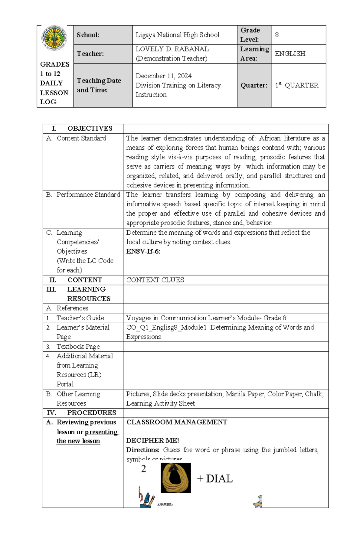 Context Clues. LP - Serves as instructional materials. - I. OBJECTIVES ...