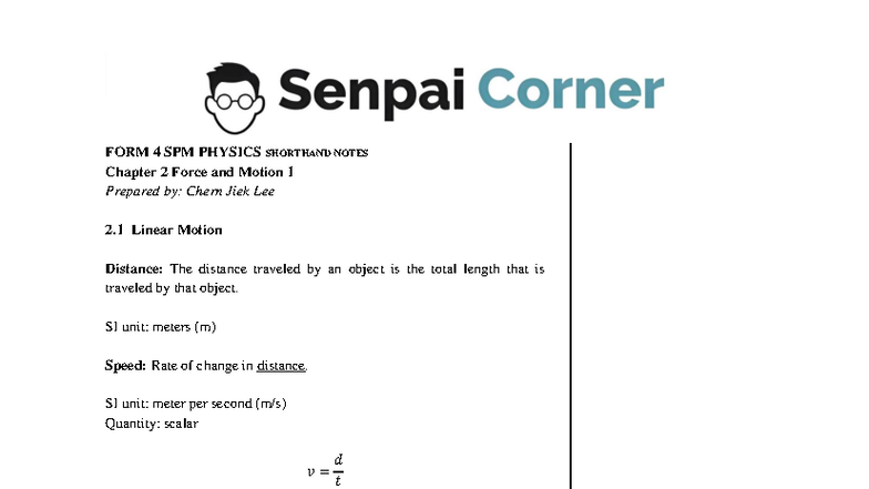 FORM 4 SPM PHYSICS NOTES: Chapter 2 - Force and Motion 1 - Studocu