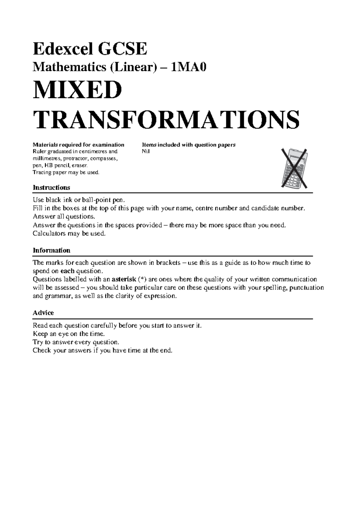 Edexcel GCSE Maths (1MA) Mixed Transformations Exam Guide - Studocu