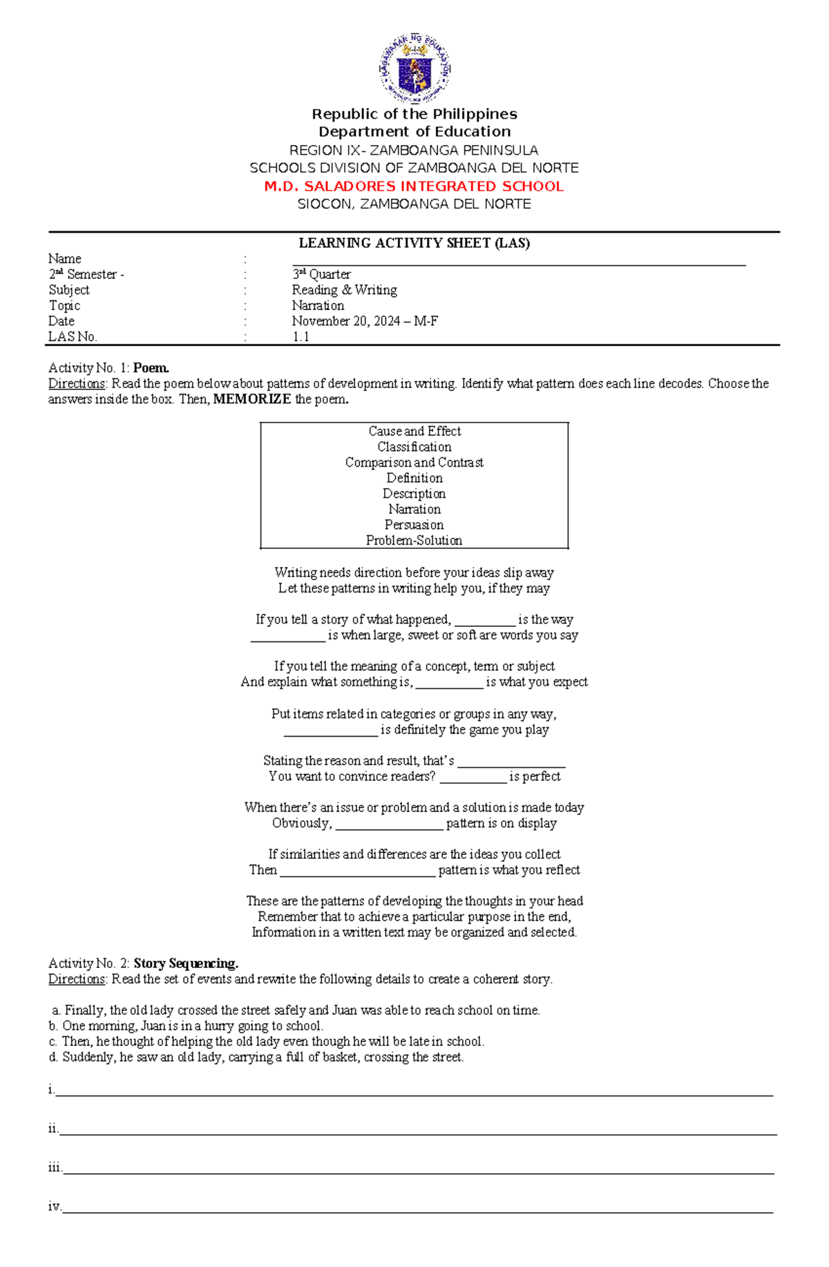 LAS 1 - 2nd Sem Reading & Writing Patterns of Development - Studocu