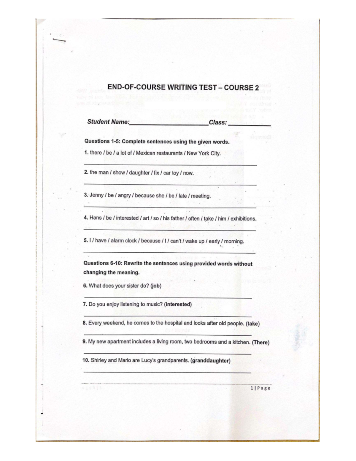 WRITING TEST COURSE 2: Sentence Rewrite Practice - Studocu