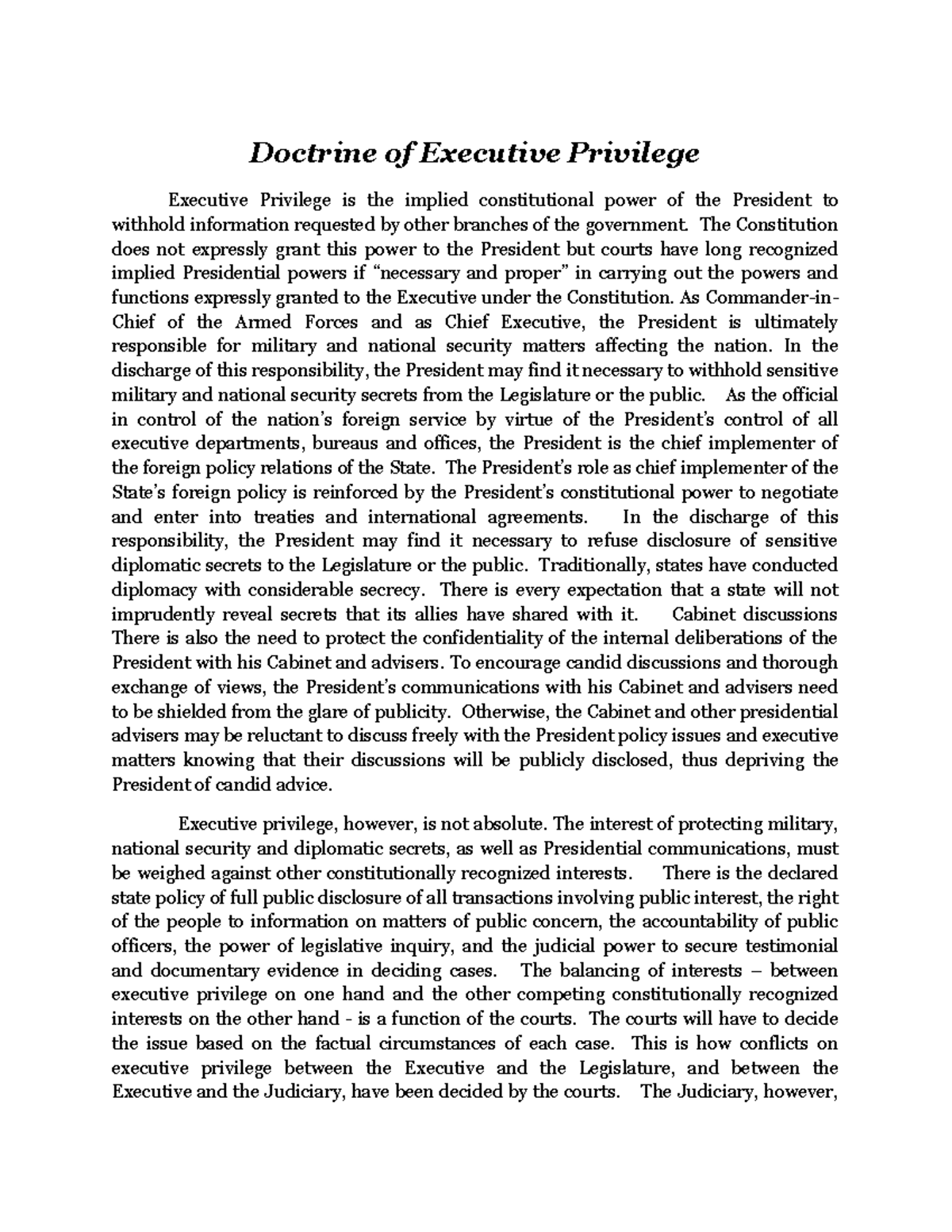 Doctrine of Executive Privilege - Doctrine of Executive Privilege ...