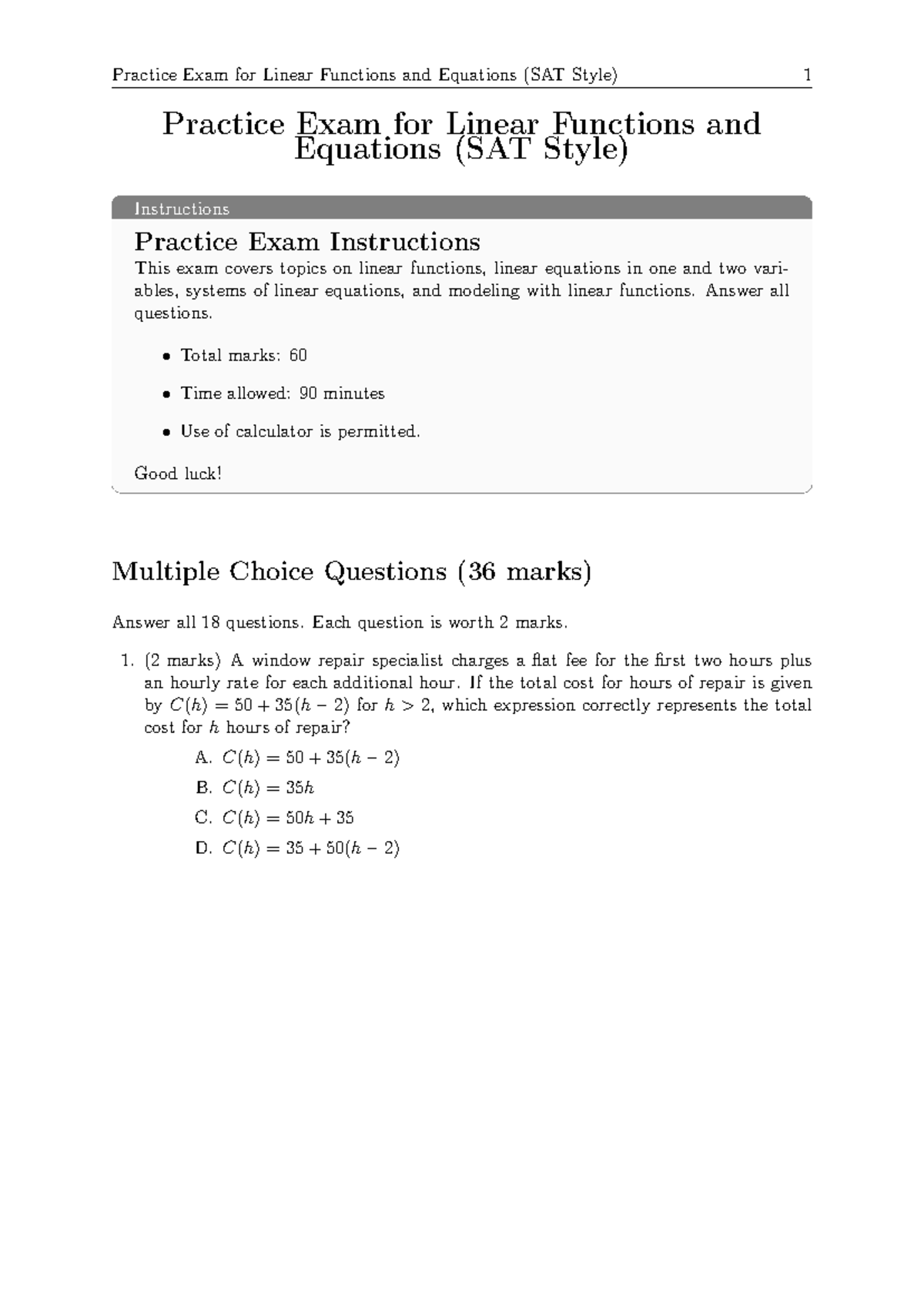 Practice Exam for Linear Functions and Equations (SAT) - Studocu