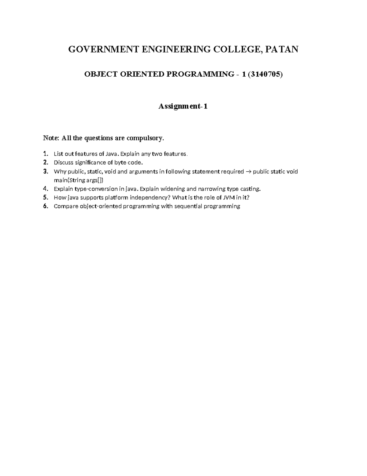 Assignment Chap 1 - GOVERNMENT ENGINEERING COLLEGE, PATAN OBJECT ORIENTED PROGRAMMING - 1 ...