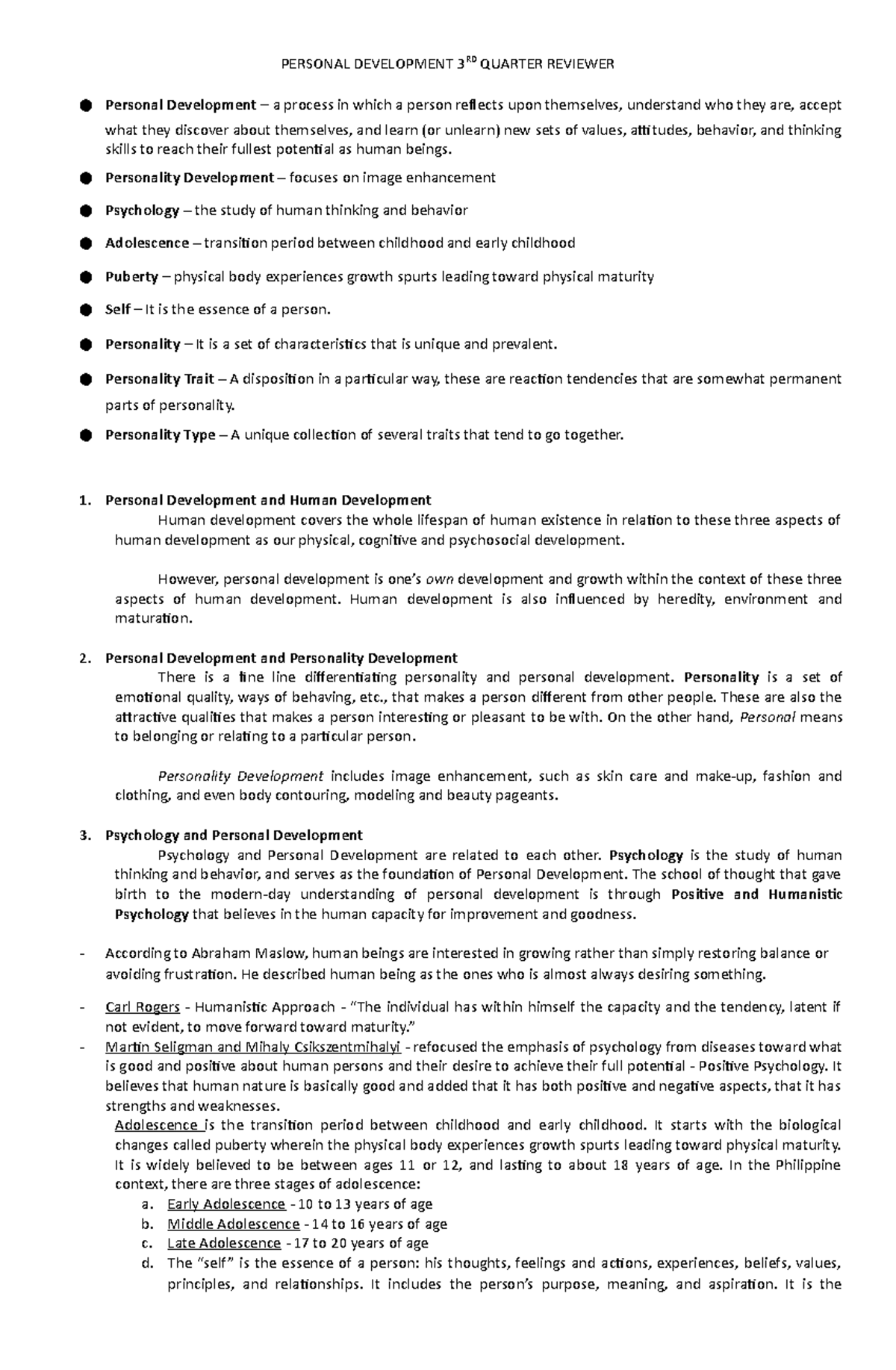 Perdev 3rd Quarter Exam Reviewer: Key Concepts in Personal Development - Studocu