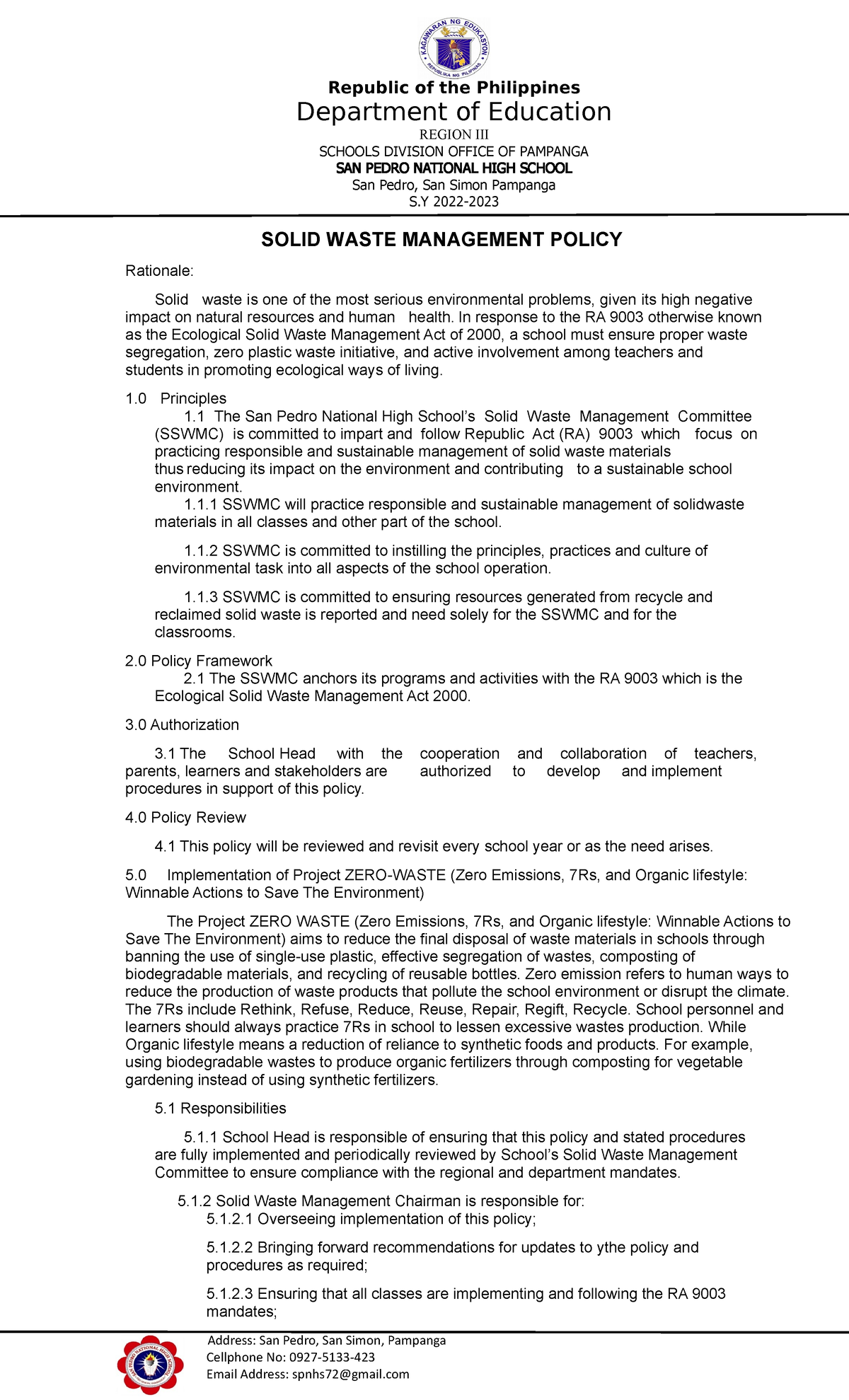 Solid Waste Management Policy: Guidelines & Initiatives at SPNHS S.Y ...