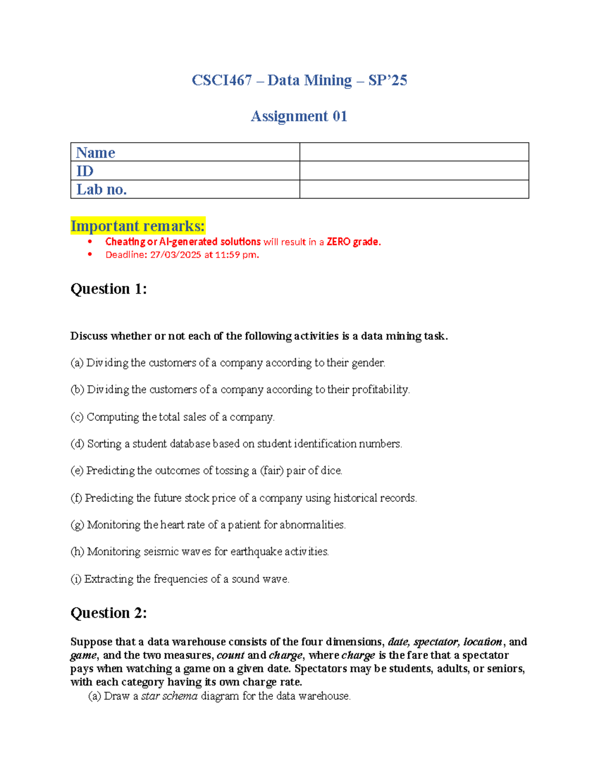 CSCI467 – Data Mining – Assignment 01: Data Mining Tasks & Warehousing - Studocu
