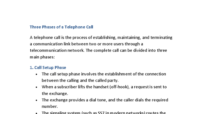 Three Phases of a Telephone Call: Setup, Conversation, Termination ...